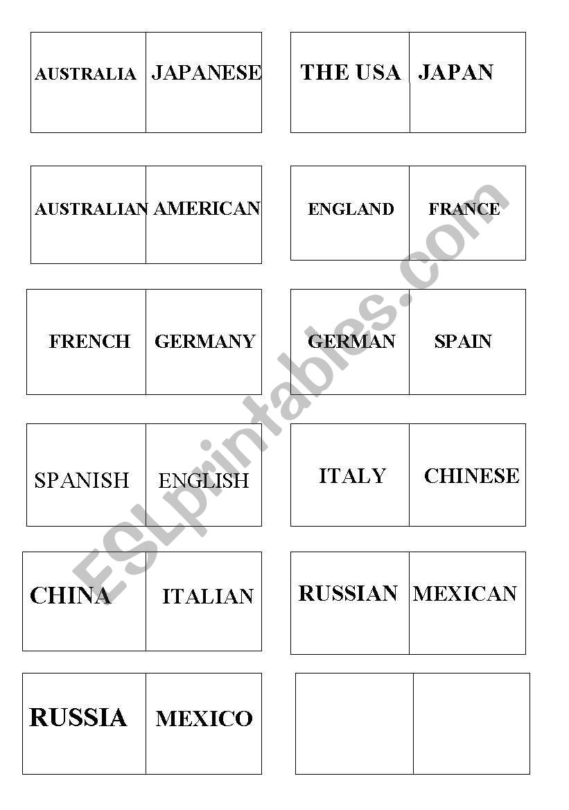 English worksheets: DOMINÓ COUNTRIES AND NATIONALITIES