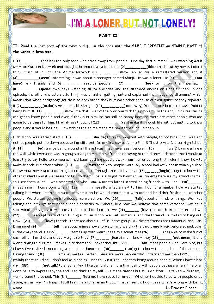 TEENS´ STORIES-I´M A LONER BUT NOT LONELY! - ESL worksheet by teresapr TEENS´ STORIES-I´M A LONER BUT NOT LONELY! - ESL worksheet by teresapr