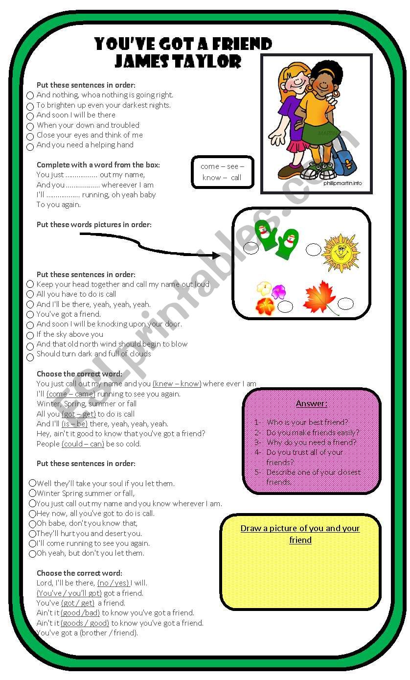 Song: You’ve Got A Friend - By James Taylor - ESL worksheet by cecio_13