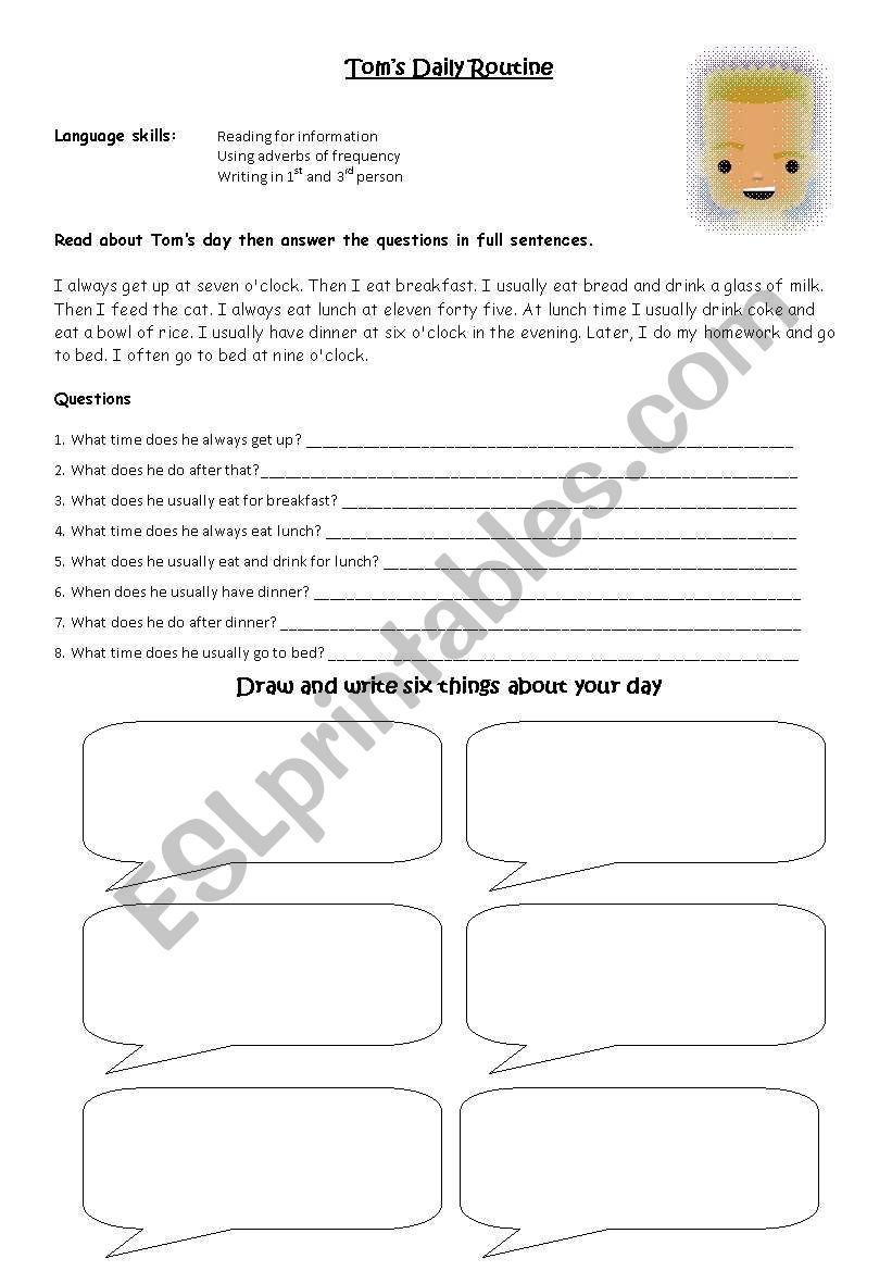 Tom´s Daily Routine - ESL worksheet by hilaryfbb