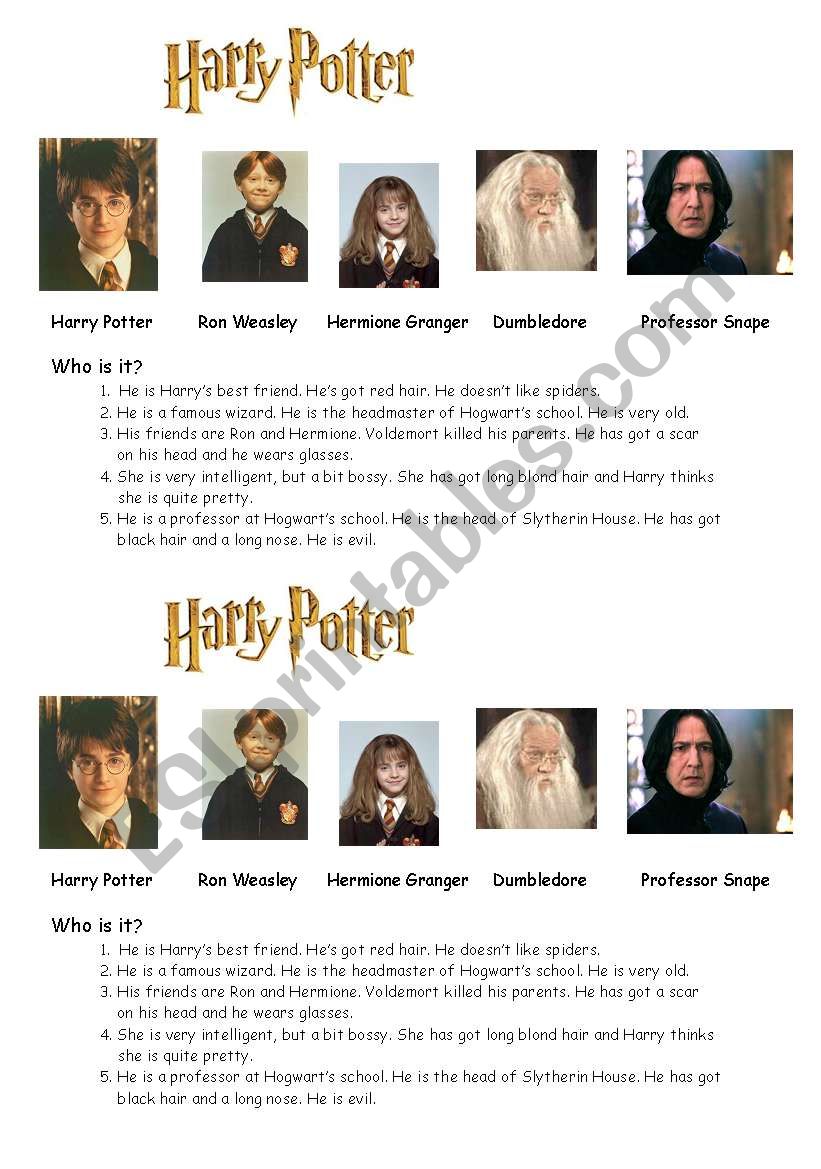 Harry Potter - character description - ESL worksheet by helen973 Harry Potter - character description - ESL worksheet by helen973