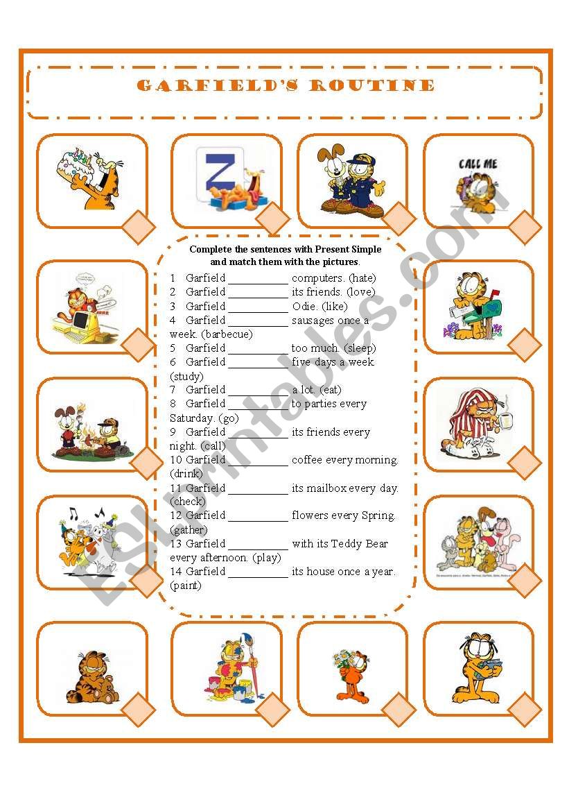 GARFIELD´S ROUTINE - PRESENT SIMPLE - AFFIRMATIVE FORM - ESL worksheet ...