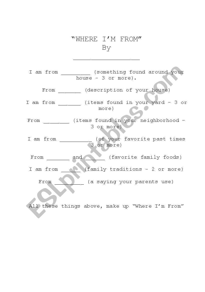 English worksheets: "Where I´m From" Poems