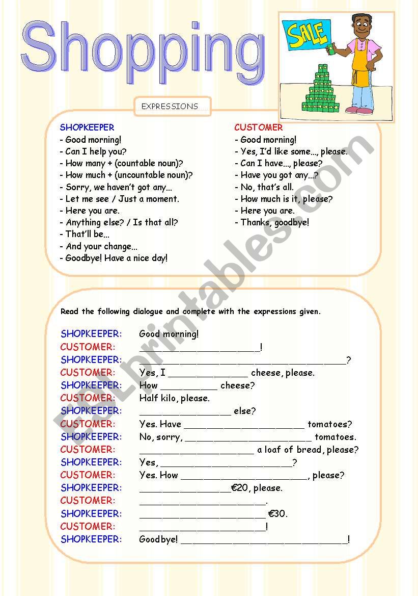 SHOPPING DIALOGUE WORKSHEET - ESL worksheet by JuliaViajera SHOPPING DIALOGUE WORKSHEET - ESL worksheet by JuliaViajera