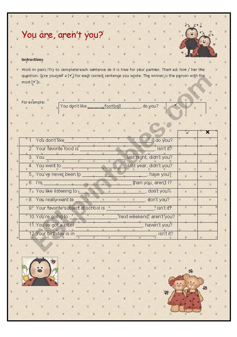 Tag Questions - You are, aren´t you? - ESL worksheet by shee
