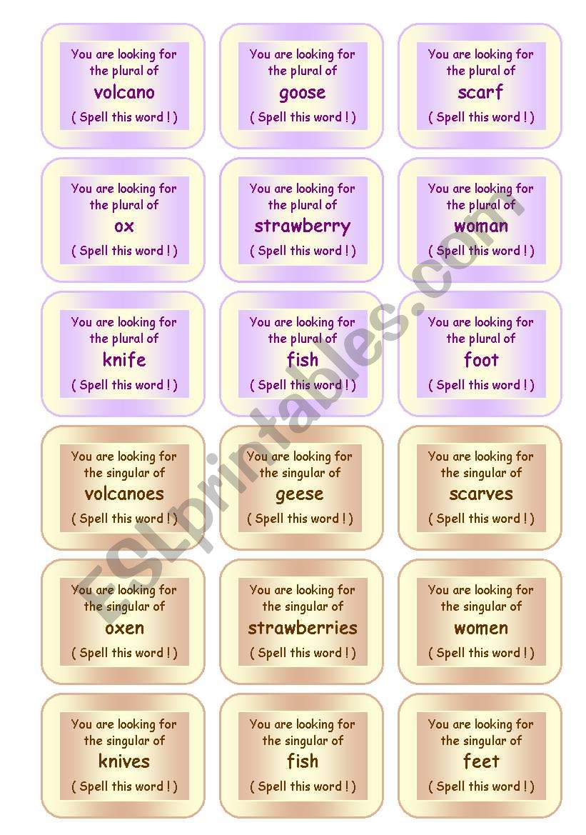 FUNNY SPEAKING AND SPELLING GAME ON PLURALS • 72 CARDS • B&W VERSION ...
