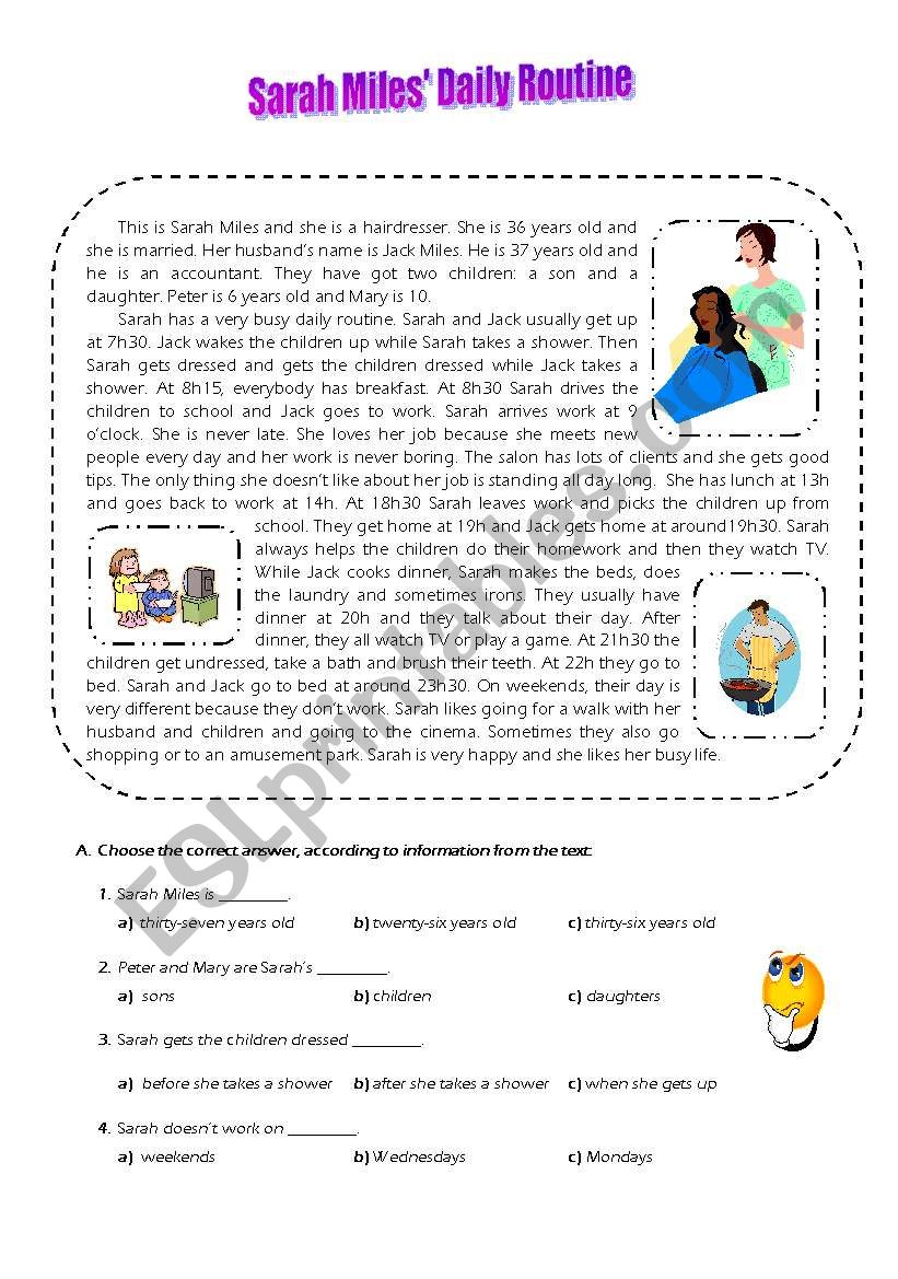 Sarah Miles´ Daily Routine - ESL worksheet by Paula Gonçalves