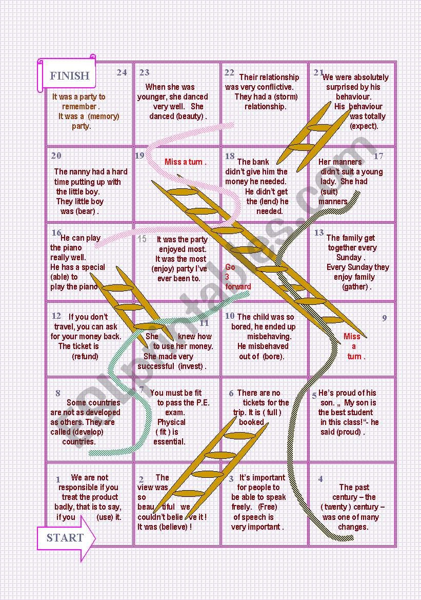 Snakes and ladders nÂº 2 : Word formation - ESL worksheet by aliciapc