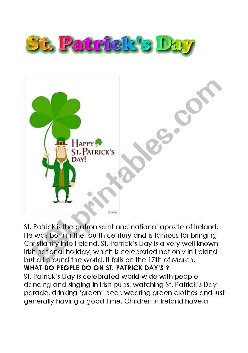 ST. PATRICK’S DAY’ HISTORY AND LEGENDES - ESL worksheet by soniaanzivino