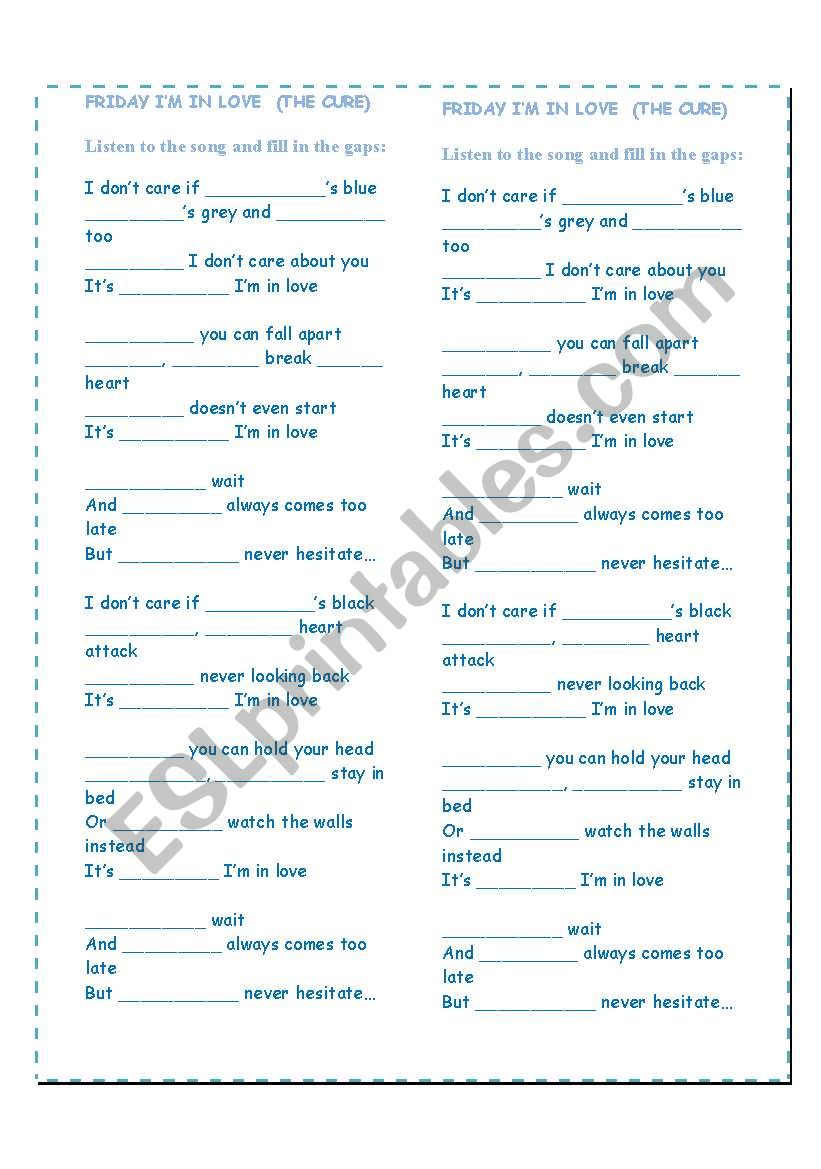 Friday I´m love - The cure - ESL worksheet by teacherlila