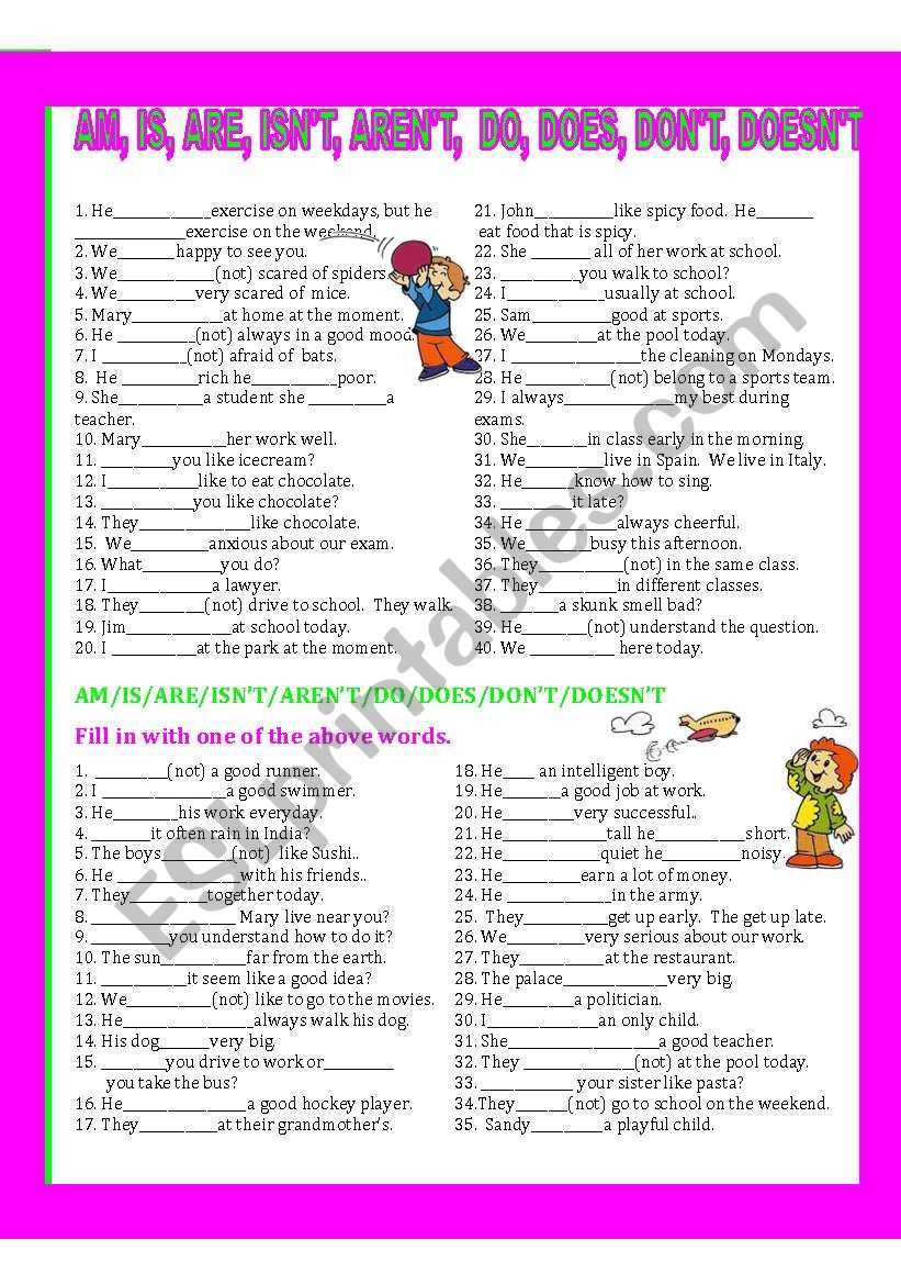AM/IS/ARE/AREN´T/ISN´T/DO/DOES/DON´T/DOESN´T - ESL worksheet by GIOVANNI