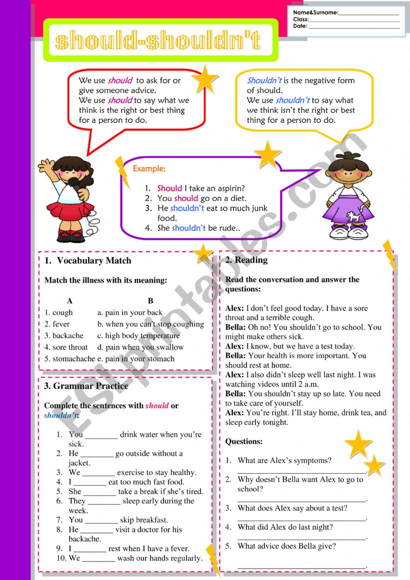 should or shouldn´t ( 2 pages + answer key ) - ESL worksheet by Ayfer Dal