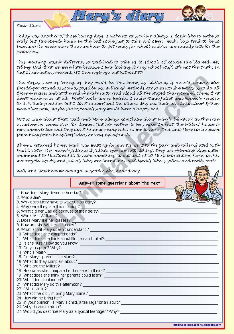 Mary´s diary (reading comprehension, genitive, verb tenses ...
