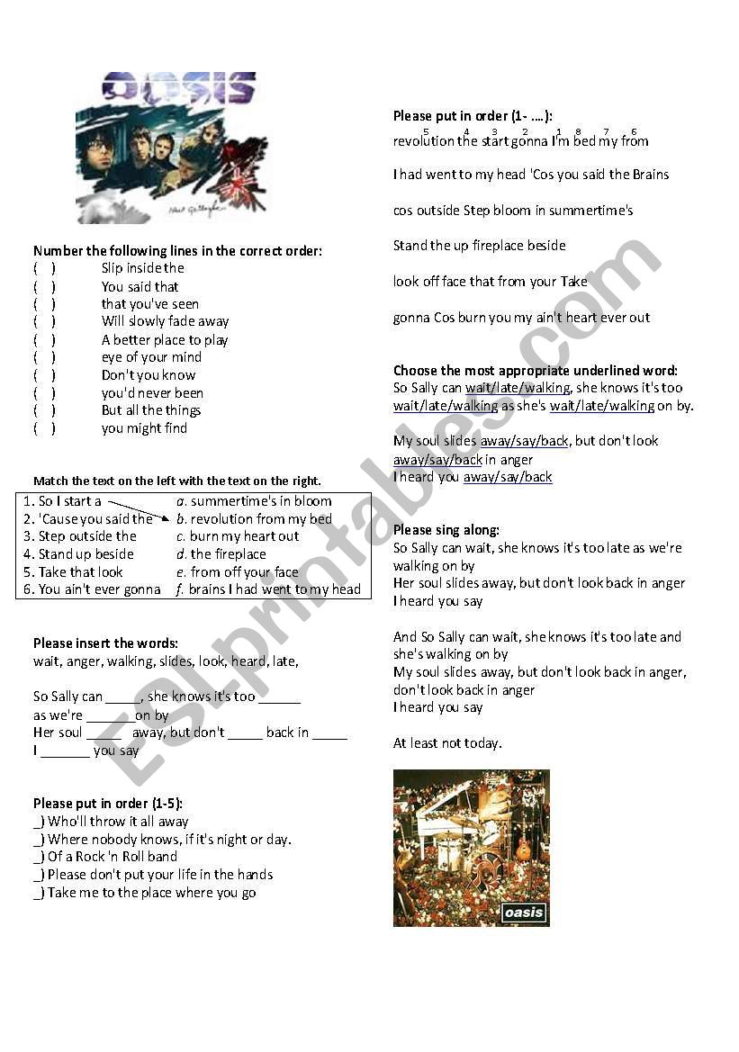 Don´t Look Back in Anger (Oasis) - ESL worksheet by dareka1