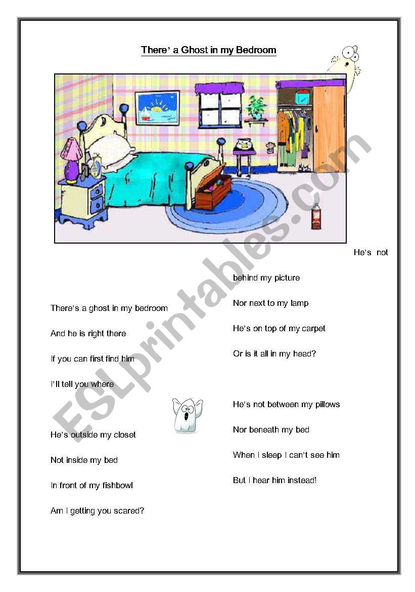 "There´s a Ghost in my Bedroom" Prepositions - ESL worksheet by marykenel