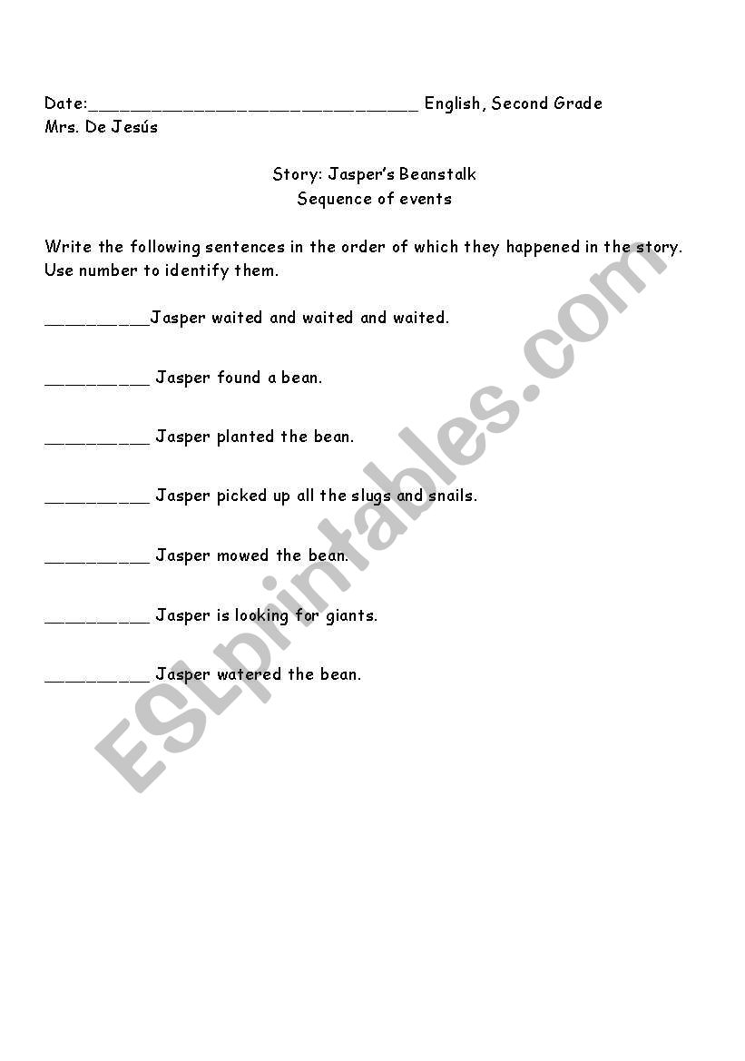 English worksheets: Jasper´s beanstalk sequence of events