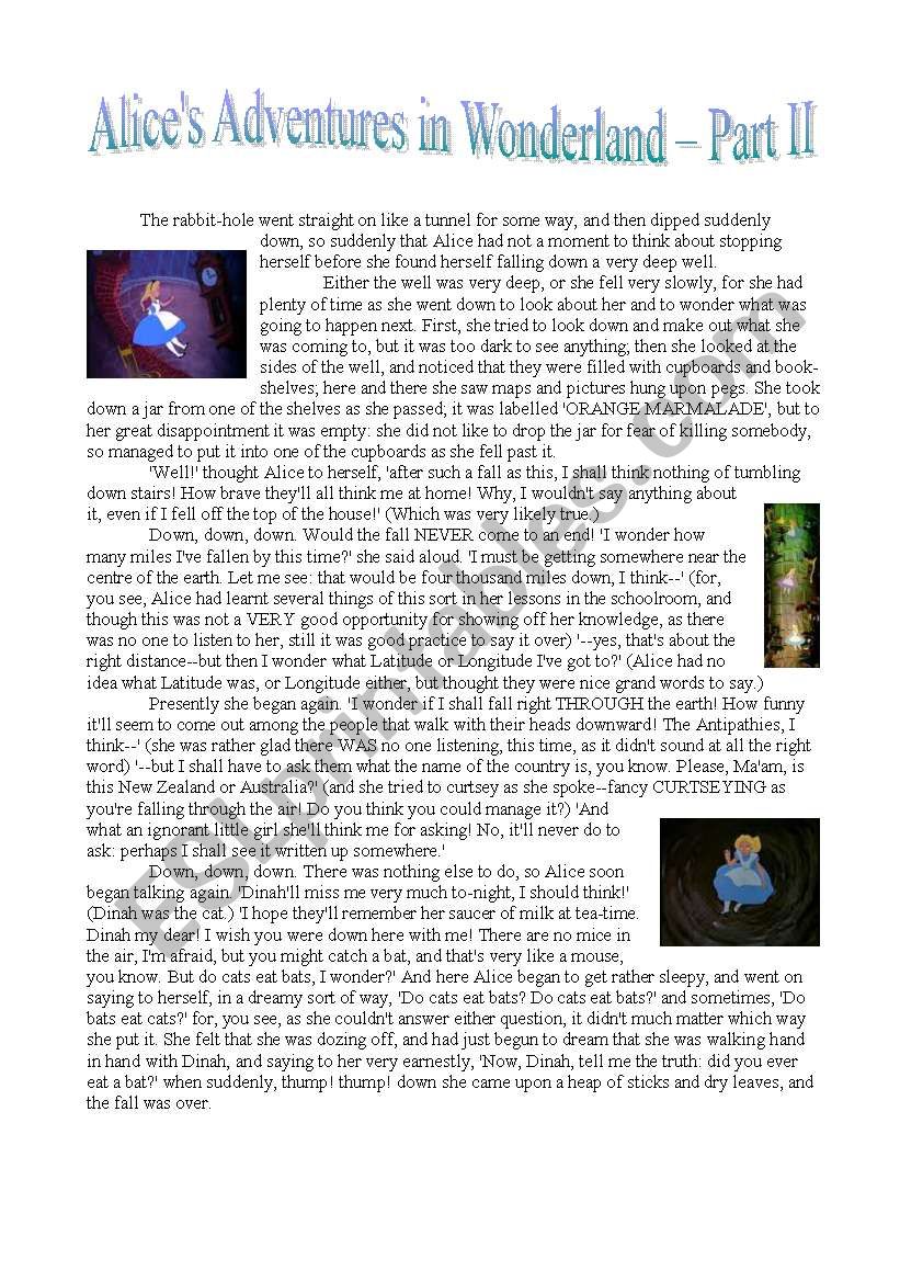 Alice´s Adventures in Wonderland - part II - ESL worksheet by giseplima01