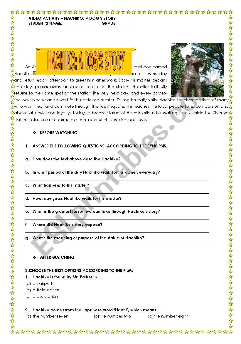 HACHIKO: A DOGÂ´S STORY VIDEO ACTIVITY - ESL worksheet by deborica