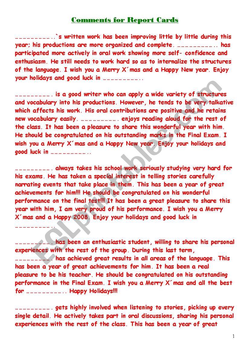 Useful Comments For Report Cards End of the year Comments ESL 
