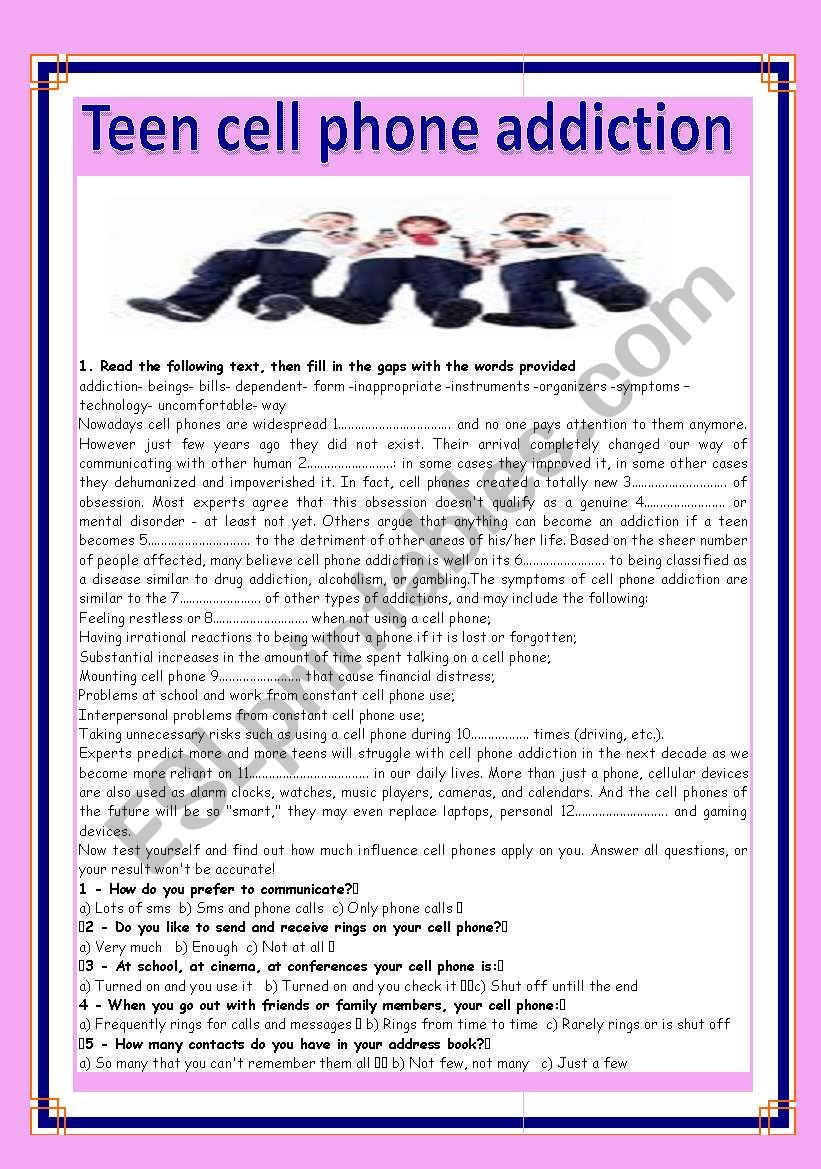 “The Latest Teen Obsession: Cell Phones “ - ESL worksheet by patties