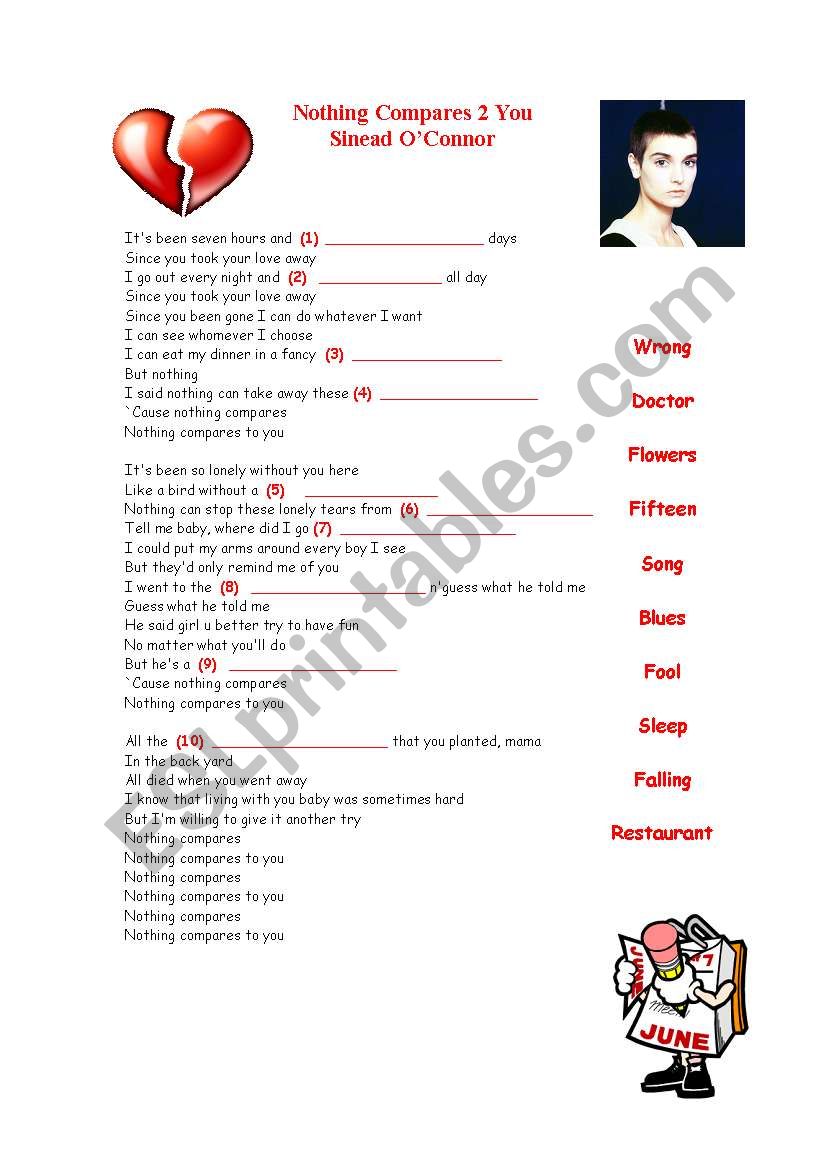 Nothing Compares 2 You Lyrics by Sinead O´Connor - ESL worksheet by ...