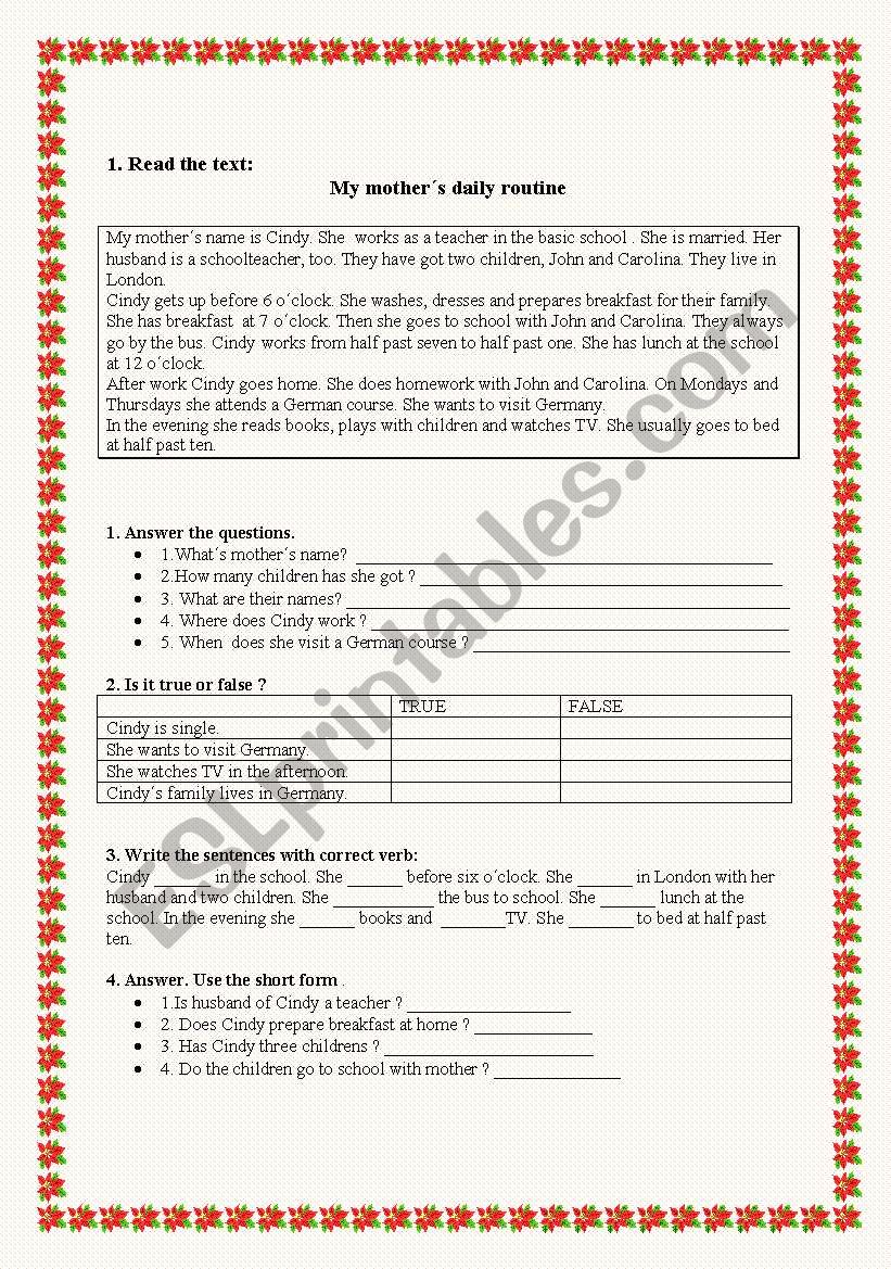 Mother´s daily routine - ESL worksheet by nadika