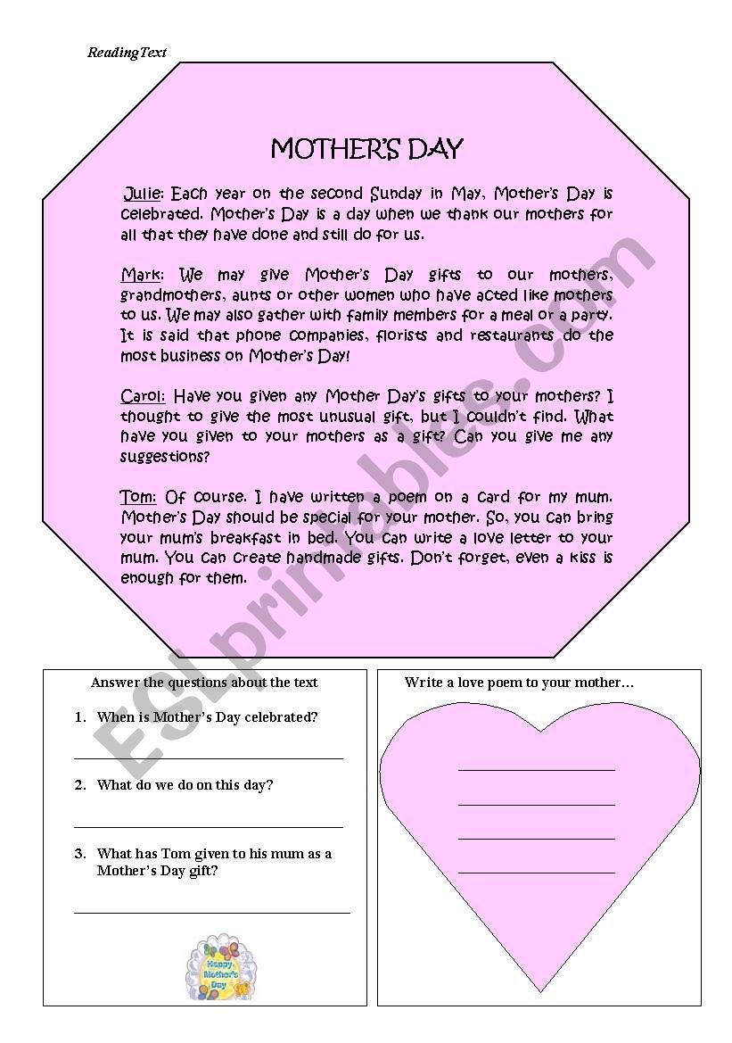 "MotherÂ´s Day" reading text - ESL worksheet by egenc