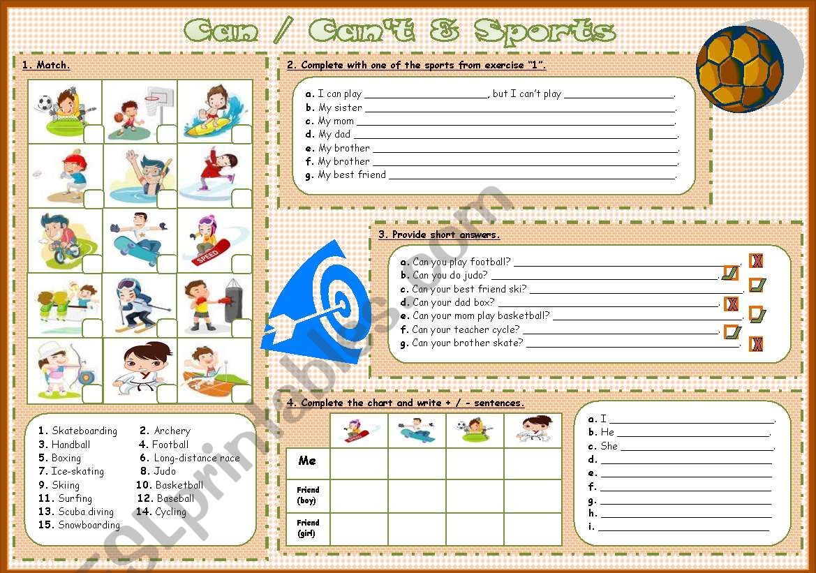 Can / Can´t & Sports (Fully editable + B&W version) - ESL worksheet by ...