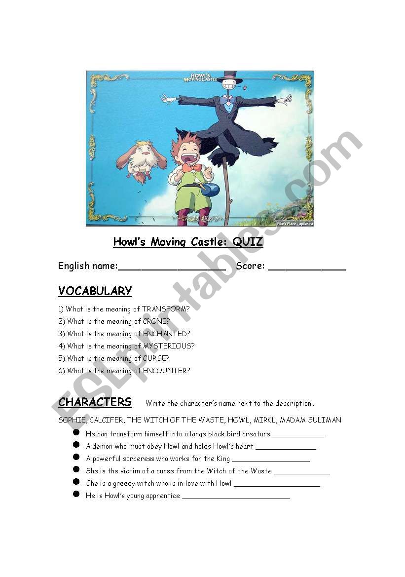 English worksheets: Howl´s Moving Castle Movie Quiz