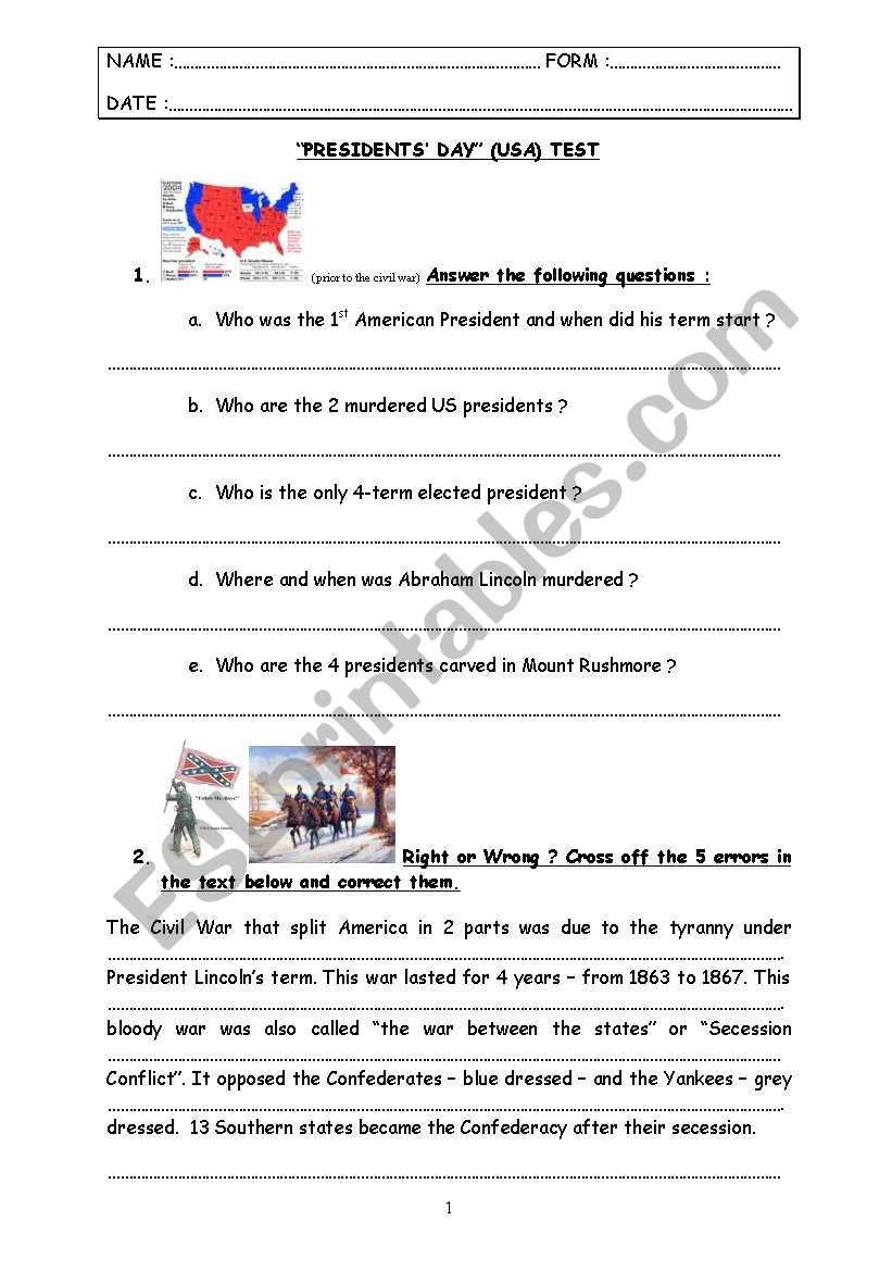special days - test step 18 - Presidents´ Day - ESL worksheet by maryse ...