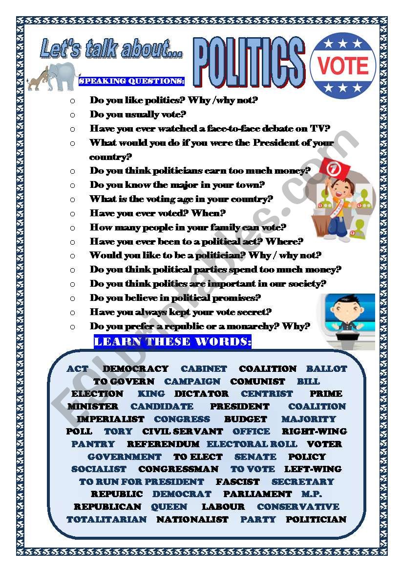 LET´S TALK ABOUT POLITICS (SPEAKING SERIES 21) - ESL worksheet by joebcn