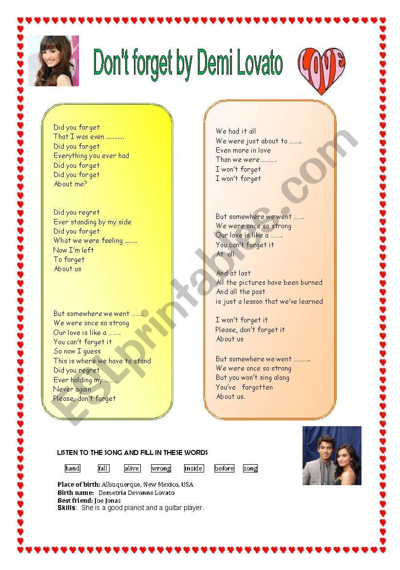 Demi Lovato, Don´t forget - ESL worksheet by mariaah
