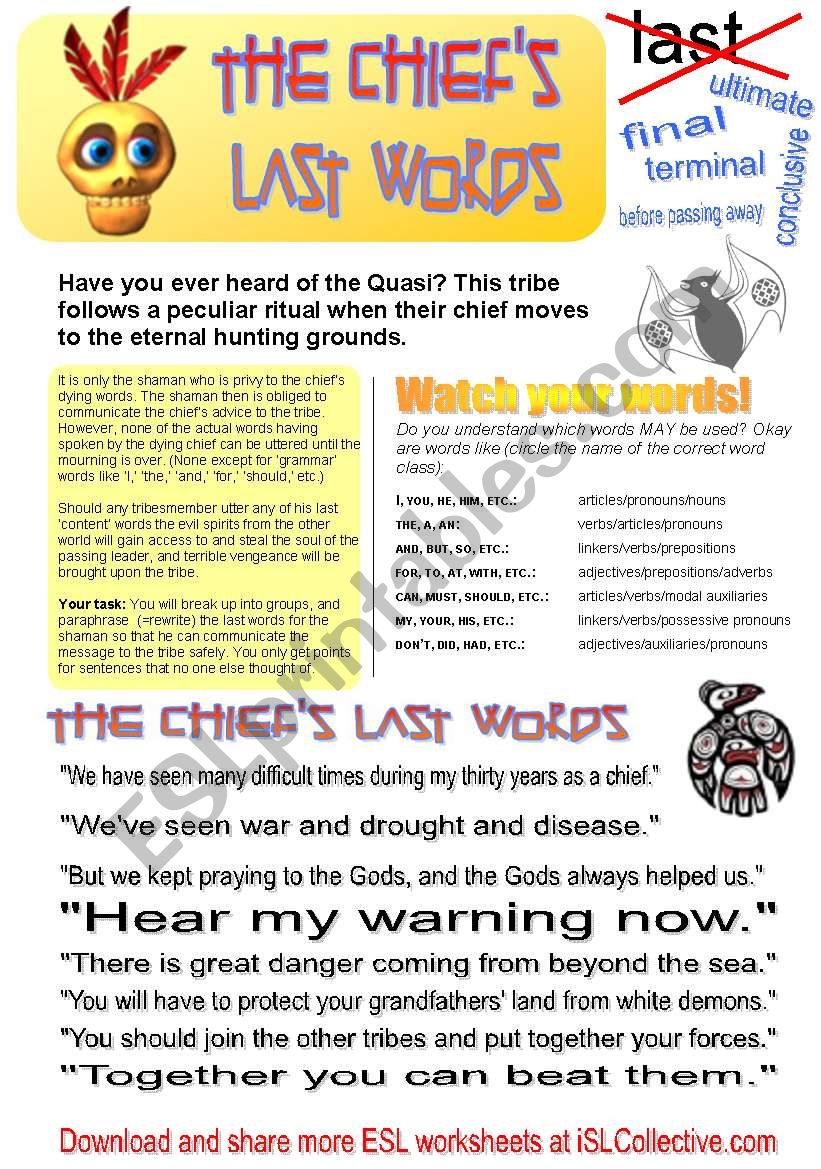 The Chief´s Last Words (Sentence transformation game) - ESL worksheet ...