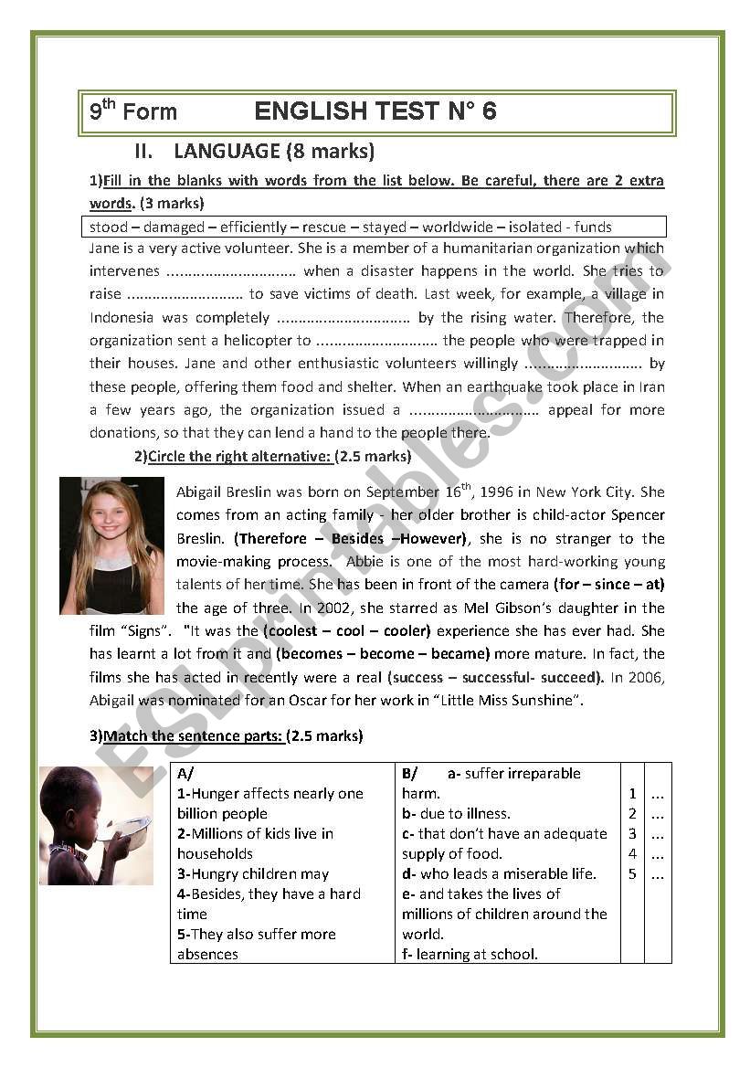9th form - Test N° 6 - ESL worksheet by sallouma