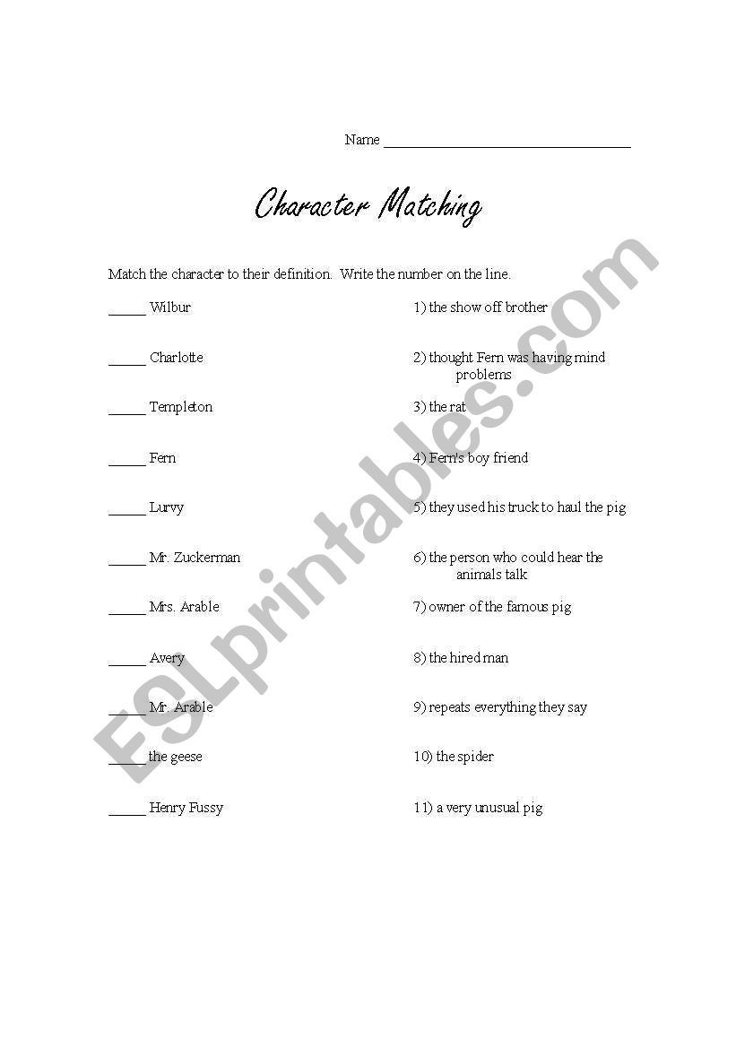 English worksheets: Charlotte´s Web Character Matching