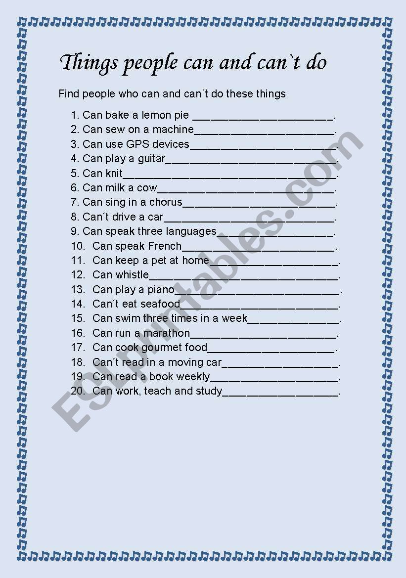 English worksheets: Things people can or can´t do