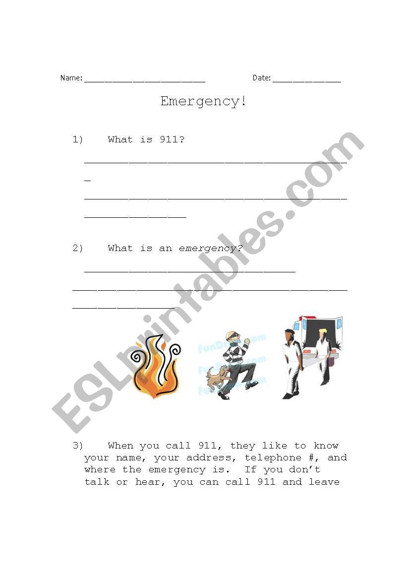 English worksheets: Basic Introduction to ´Emergency´