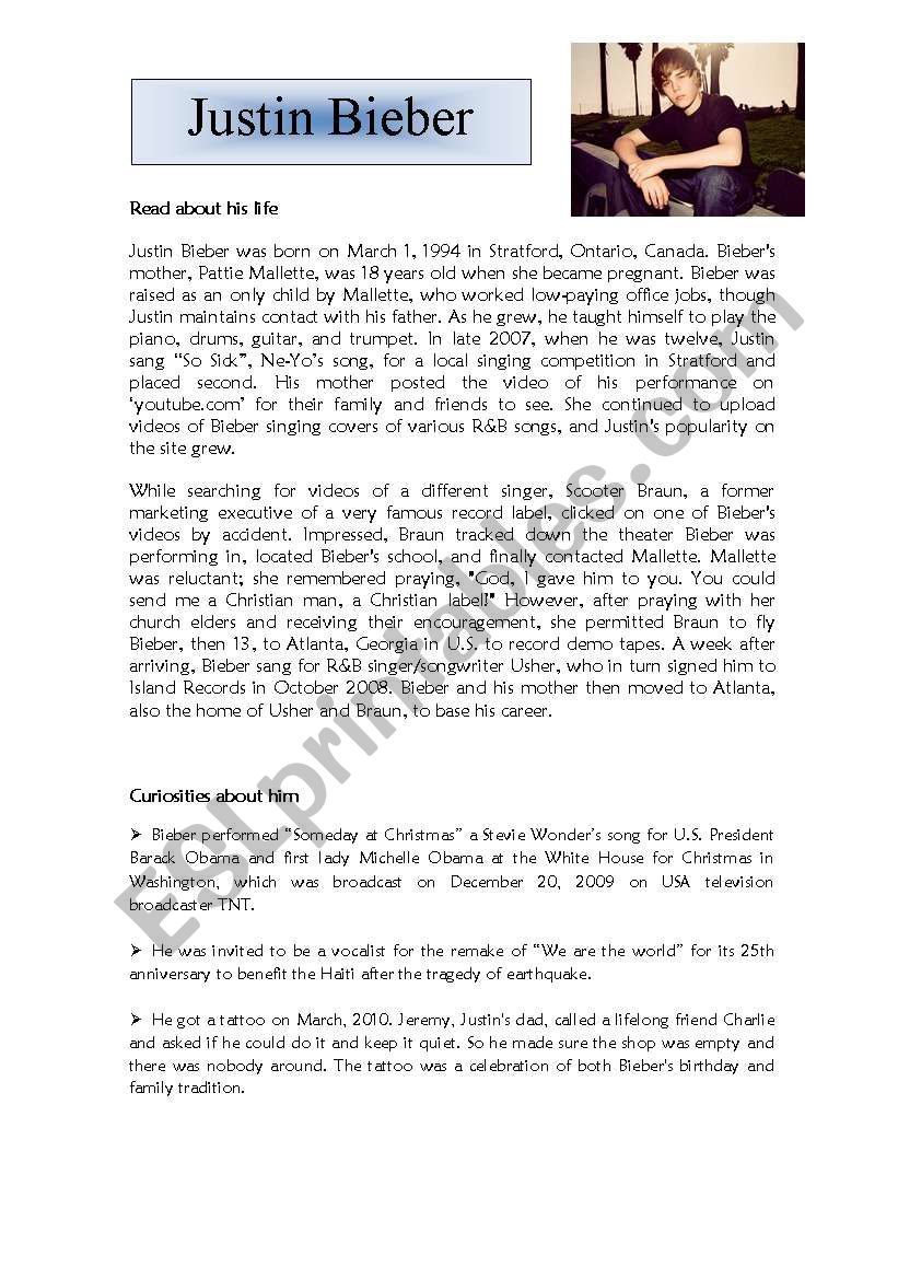 Justin Bieber´s Life - ESL worksheet by CCCF