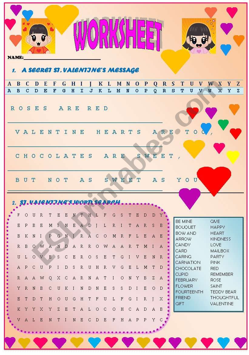 ST. VALENTINE´S WORD SEARCH AND SECRET MESSAGE - ESL worksheet by irene ...