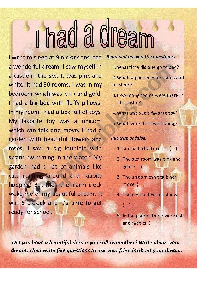 I had a dream. ( SueÂ´s dream ) - ESL worksheet by shebeeh