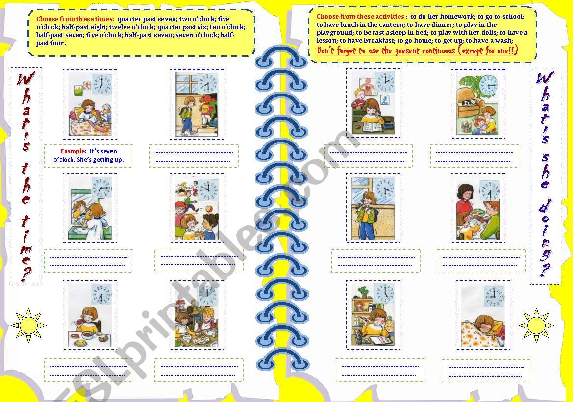 What´s the time? What´s she doing? 2 - ESL worksheet by jannabanna