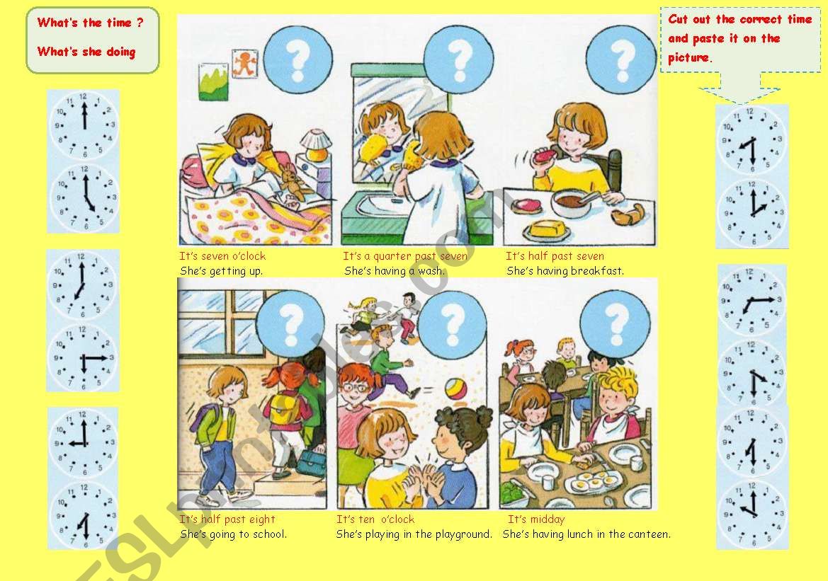 TWO PAGES What´s the time? What´s she doing? 1 - ESL worksheet by ...