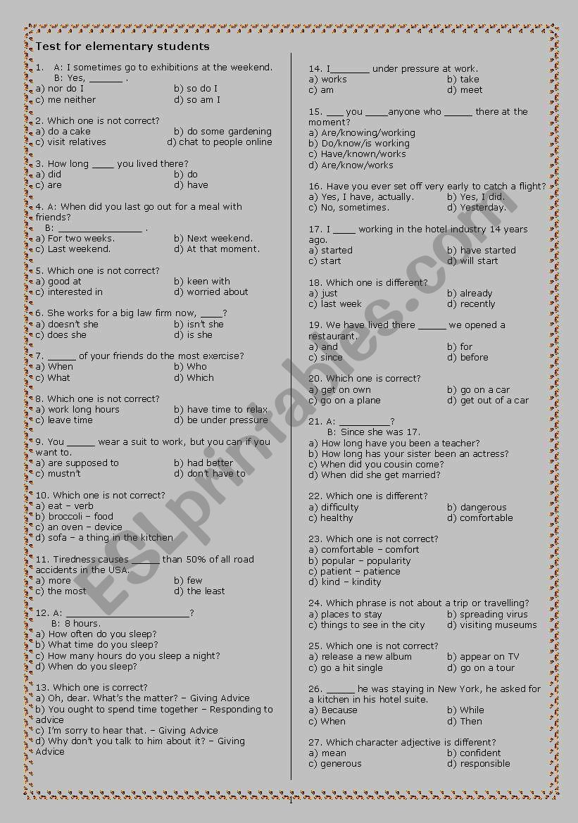 100 question Test ESL Worksheet By Serkanserkan
