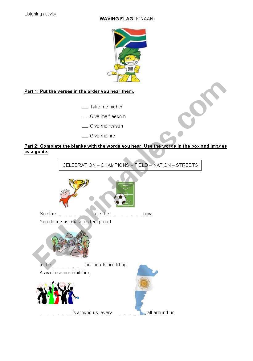 World Cup 2010 - Song WAVING FLAG by K´naan - ESL worksheet by violeta8l8