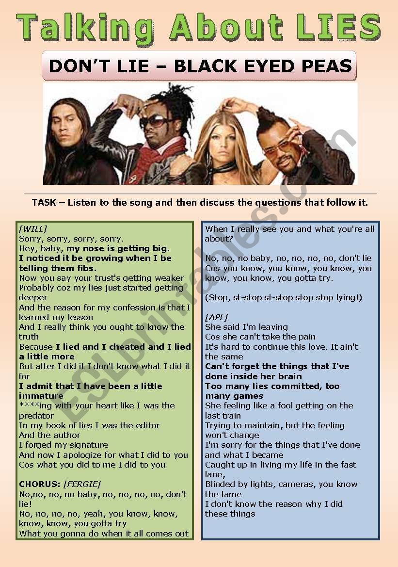 SONG ACTIVITY - Don´t Lie (Black Eyed Peas) - Talking about Lies - ESL ...