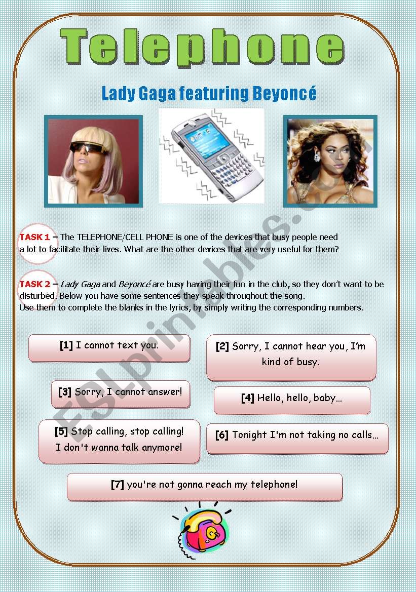 SONG ACTIVITY - Telephone (Lady Gaga & Beyoncé) - ESL worksheet by ...