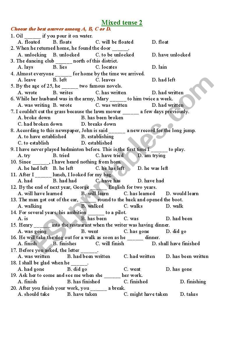Mixed Tense Multiple Choice 2 ESL Worksheet By Letaithangyp1