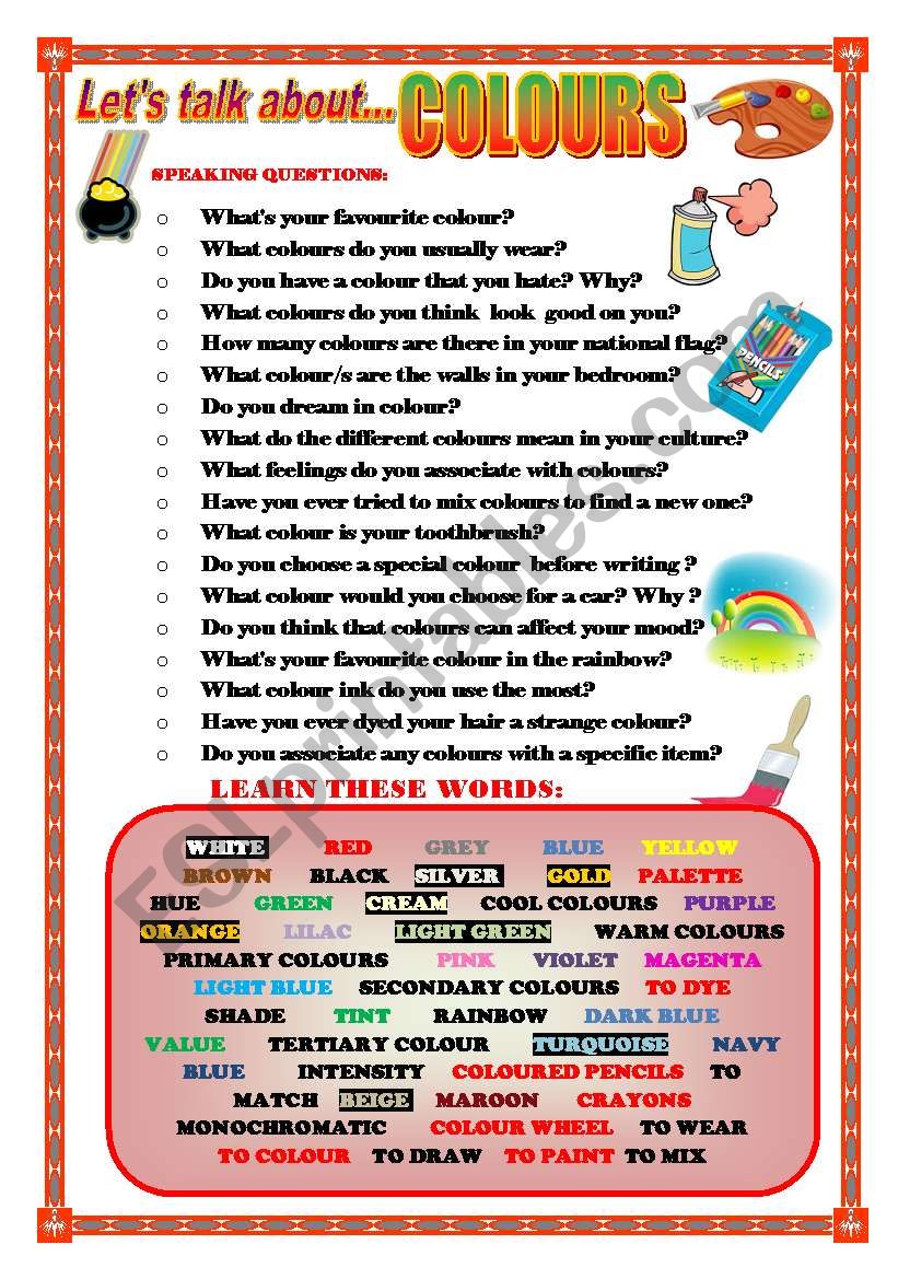 LETÂ´S TALK ABOUT COLOURS (SPEAKING SERIES 32) - ESL worksheet by joebcn