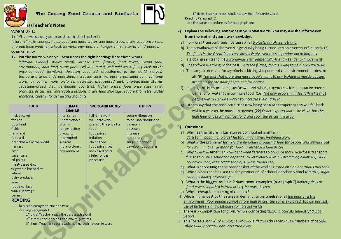 Biofuels and food shortages (teacher´s notes) - ESL worksheet by silvia28