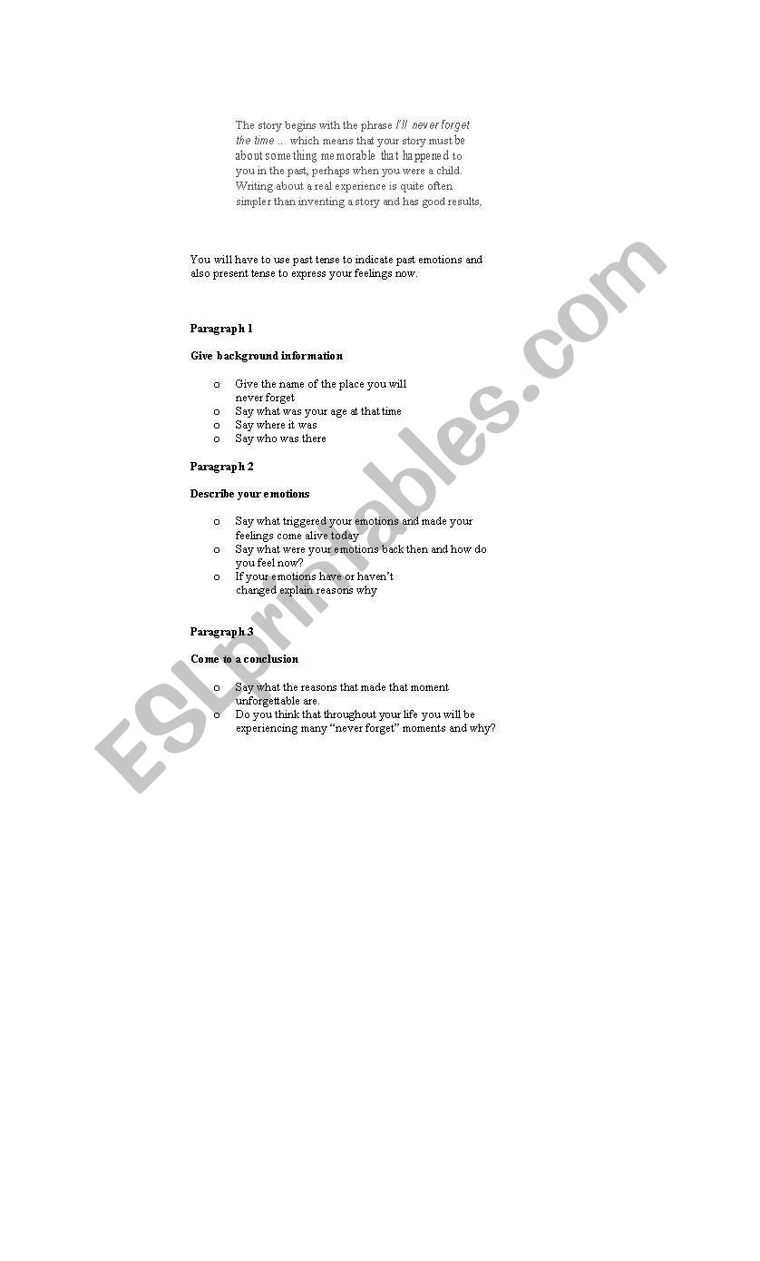 English worksheets: Cues for Writing I´ll never forget